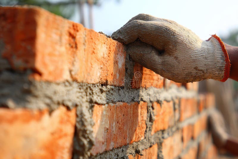 Skilled Bricklayer Applying Mortar To Red Bricks with Precision in ...