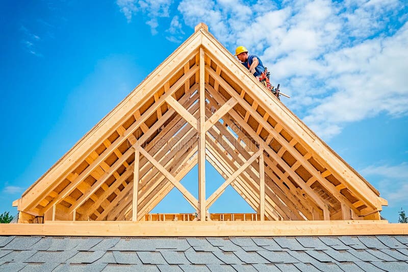 Carpenter Works Diligently on a New Roof Structure Under a Bright Blue ...