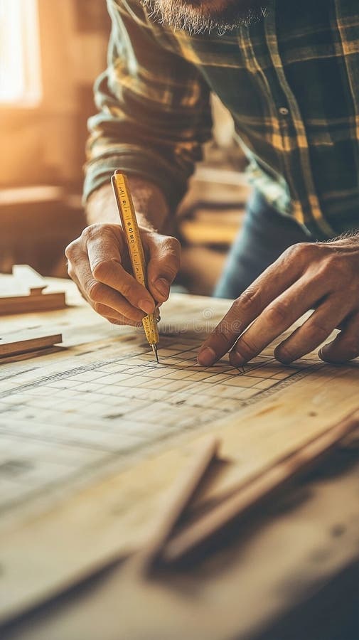 A Skilled Carpenter Meticulously Drafts Precise Plans on a Wooden ...