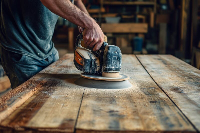 A Skilled Carpenter is Sanding a Wooden Table with an Electric Sander ...