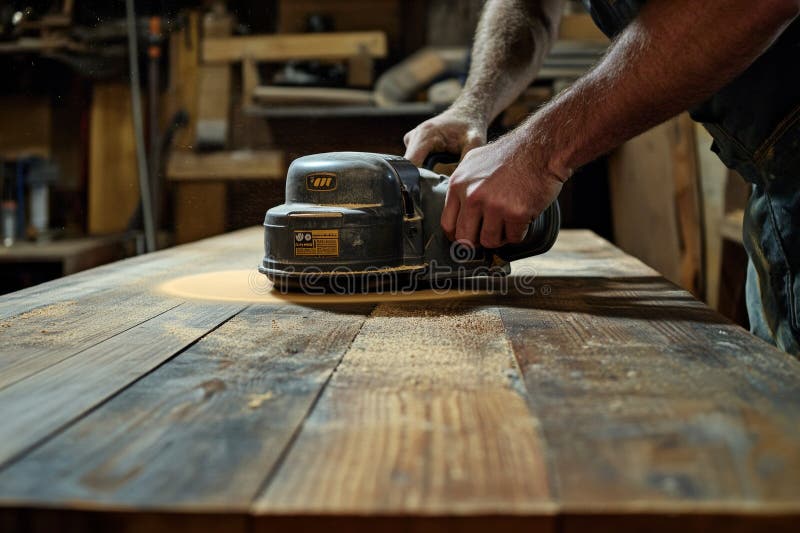A Skilled Carpenter Sands a Wooden Table Using an Electric Sander in a ...