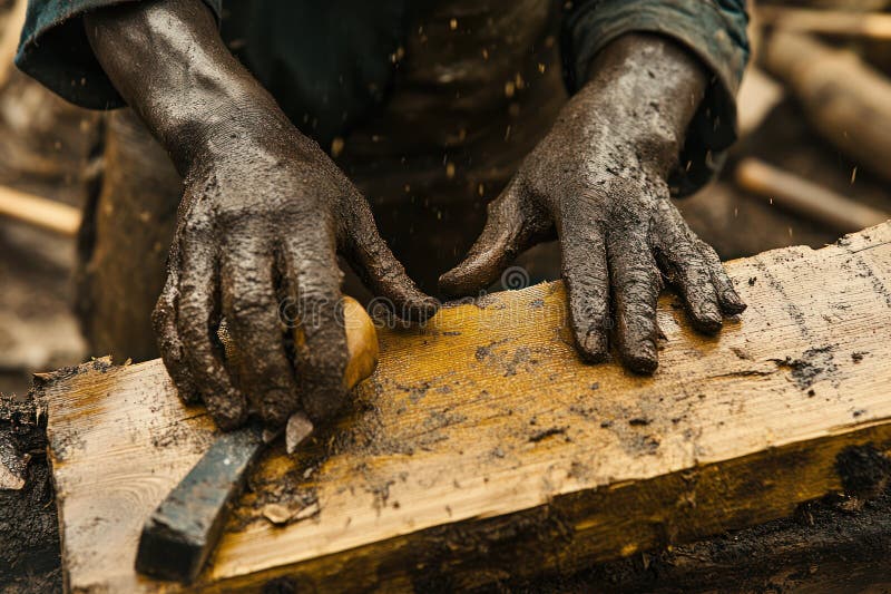 Skilled Carpenter at Work: Closeup Image with Copy Space. Hands of ...