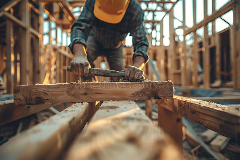 A Skilled Carpenter Works Diligently on Framing a Wooden House Stock ...
