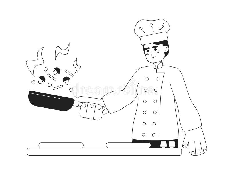 Skilled Chef Flipping Vegetables Monochromatic Flat Vector Character ...