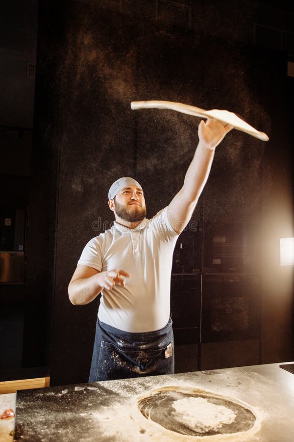 Skilled Chef Throwing Up Pizza Base Dough Stock Photo - Image of chef ...