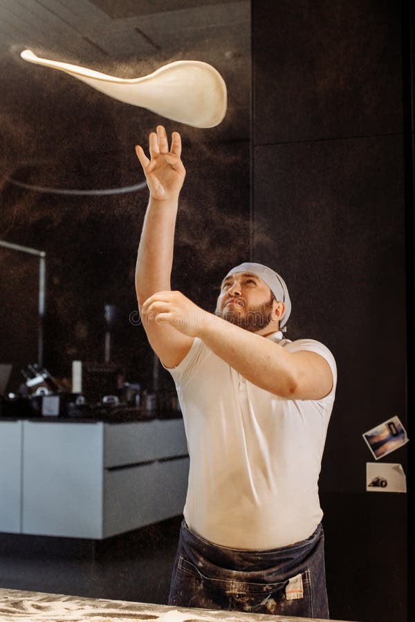 Skilled Chef Throwing Up Pizza Base Dough Stock Image - Image of chef ...