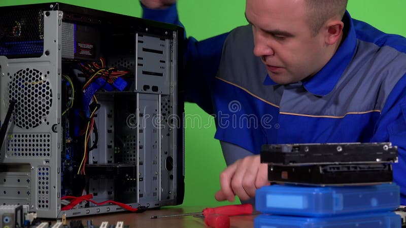 Skilled Computer Repairer Man Replace Hard Drive and Plug Power and ...