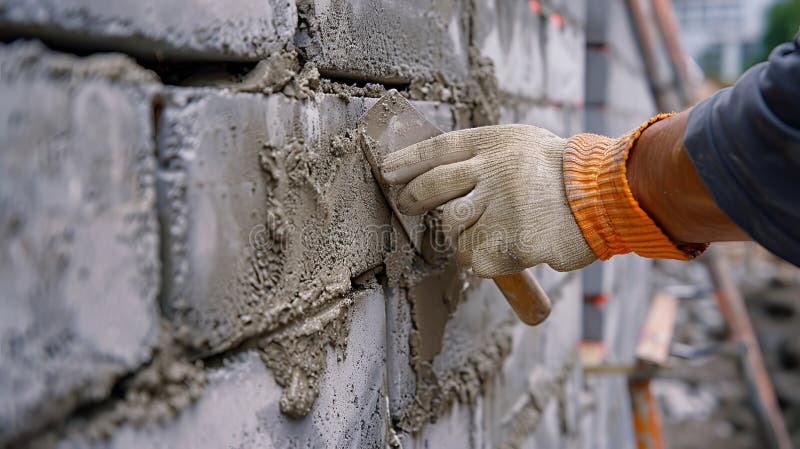 Skilled Construction Worker Building House Wall with Hands in High ...