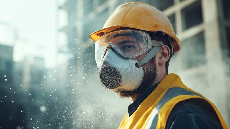 Skilled Construction Worker in Protective Mask Amidst Floating Glass ...