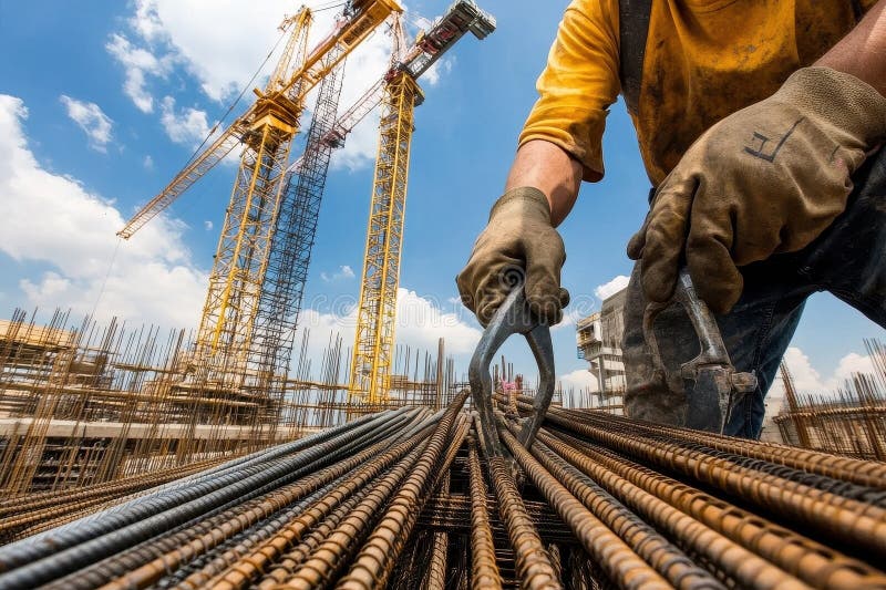 Skilled Construction Worker Securing Steel Rebars at Construction Site ...