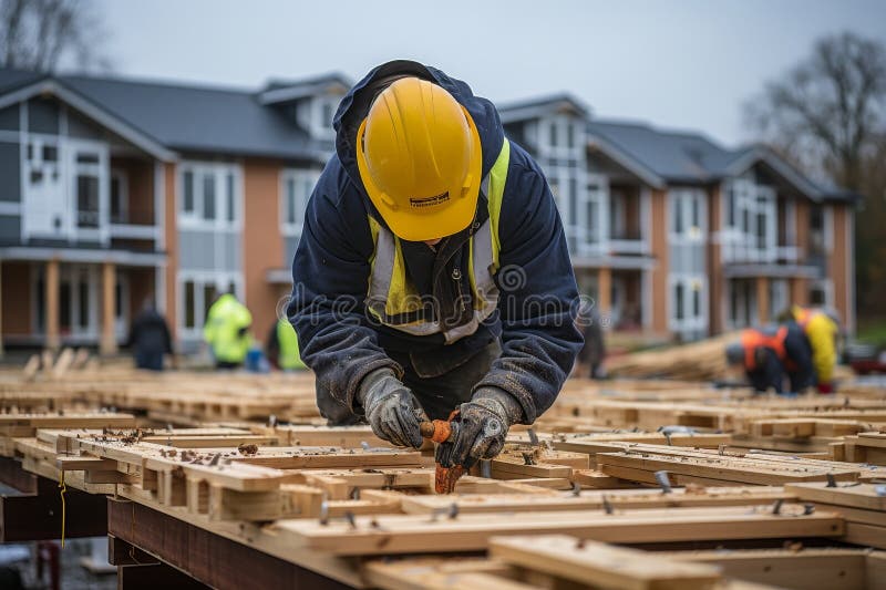 Skilled Construction Worker in Yellow Helmet Building Solid and Sturdy ...