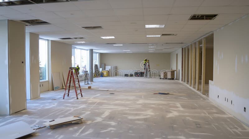 Construction Workers Renovating Large Empty Office Space Stock Photo ...