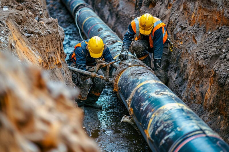 Construction Crew in Hard Hats Fixing a Pipe in an Excavated Trench ...