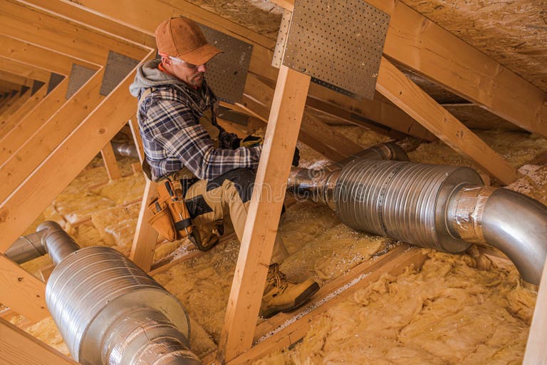 Contractor Working on HVAC Installation in Attic during Daylight Stock ...