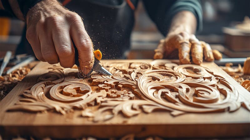 Skilled Craftsman Carving Intricate Patterns into a Wooden Panel with ...