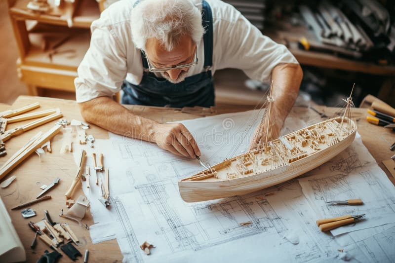 Man Carefully Assembling a Detailed Model Ship in a Workshop Filled ...
