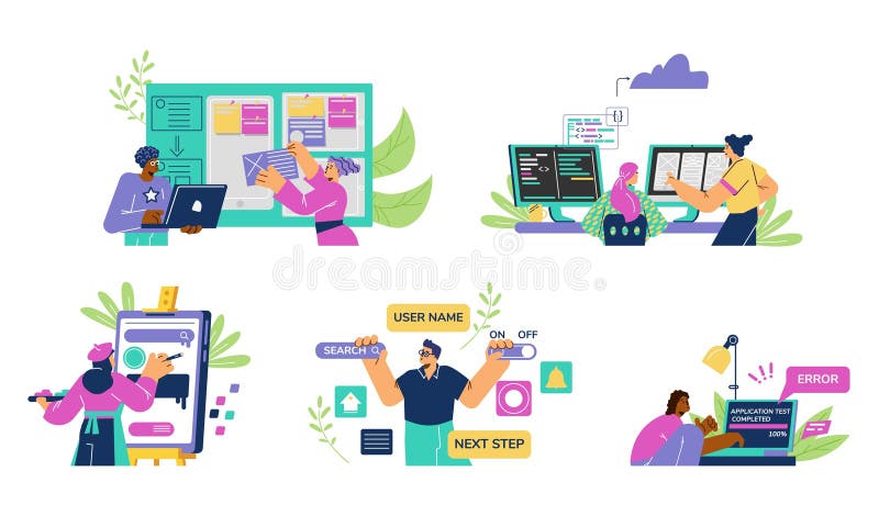 Skilled Development Team Building Mobile App Flat Vector Illustration ...