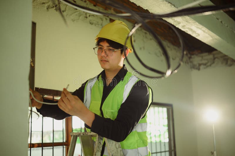 Skilled Electrician Adjusting Power Lines in an Unfinished Building ...