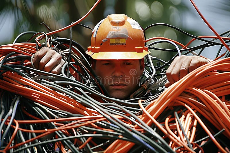 Skilled Electrician Efficiently Wiring Structure Amidst Tangle of ...