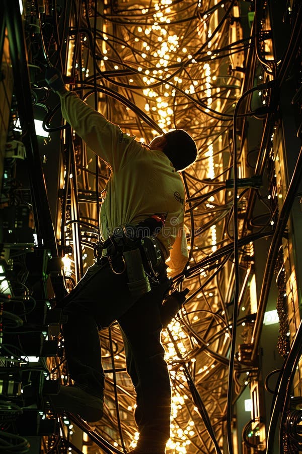 Skilled Electrician Expertly Navigating through Cables, Efficiently ...