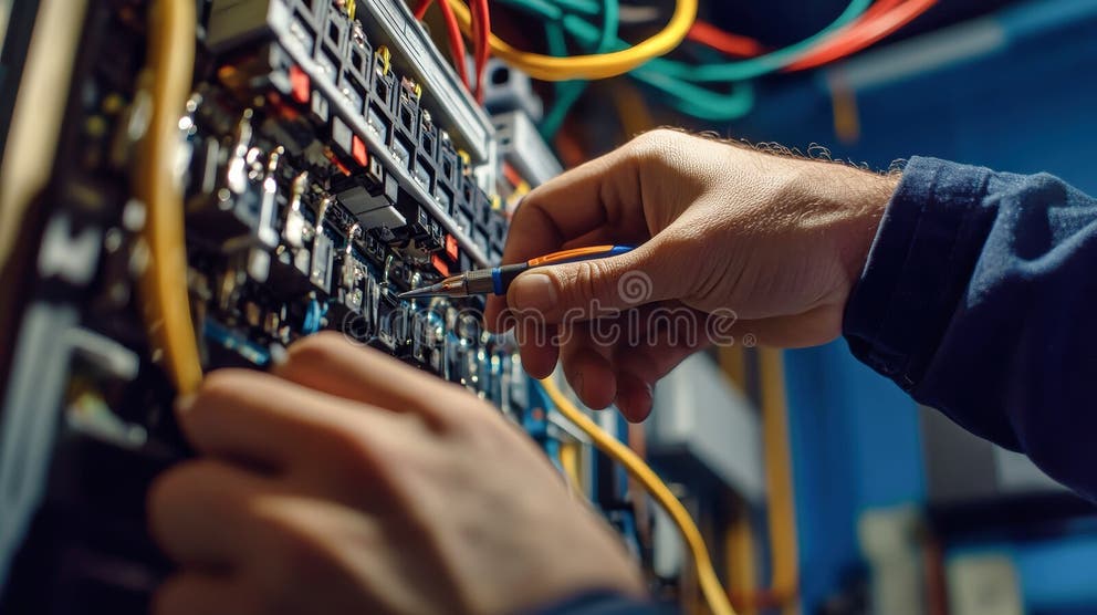 Skilled Electrician Expertly Working on Electrical Panel with Tools in ...