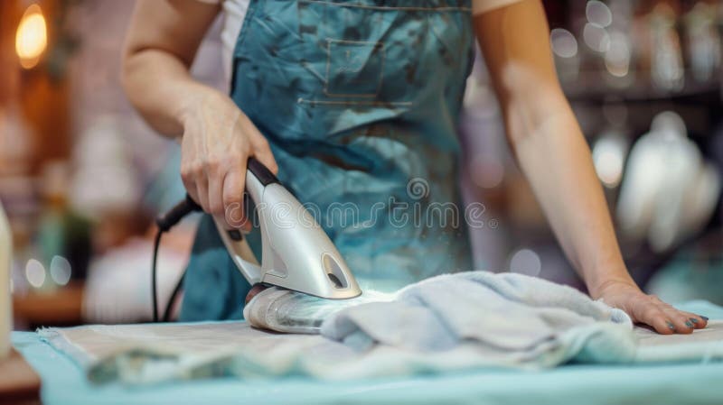 Skilled Employee Using a Professional Steam Iron at Work Stock ...