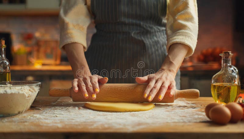 Chef Rolling Dough with Rolling Pin on Wooden Table Stock Illustration ...