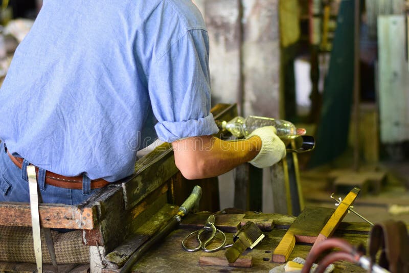 Glass Factory Worker Processing Red Hot Glass Stock Photo - Image of ...