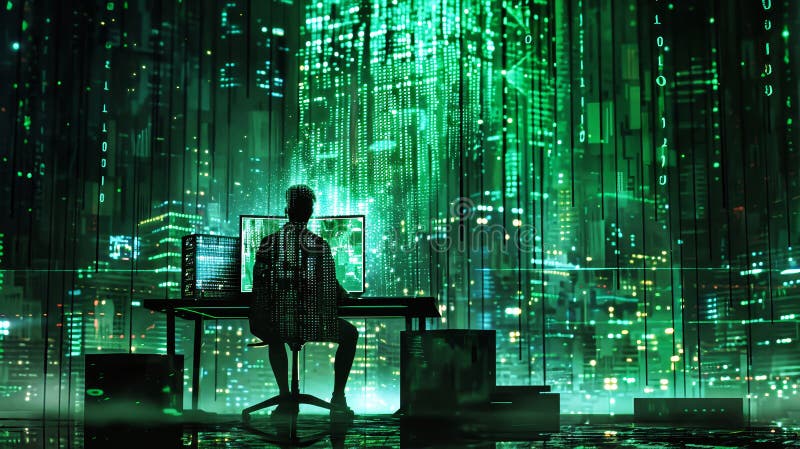 A Skilled Hacker Focused on the Computer Screen, Typing Quickly with ...