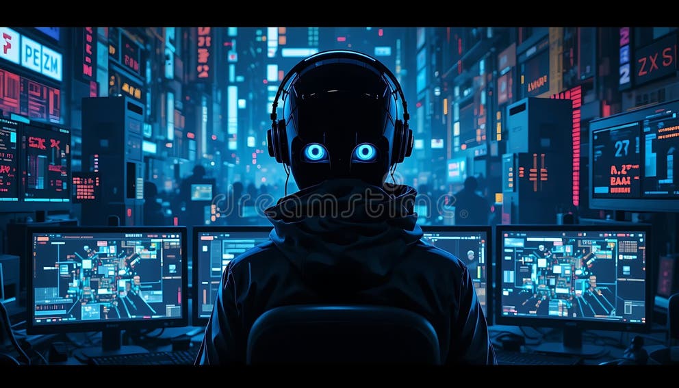 Futuristic Hacker Working in a High-tech Control Room during a Neon-lit ...