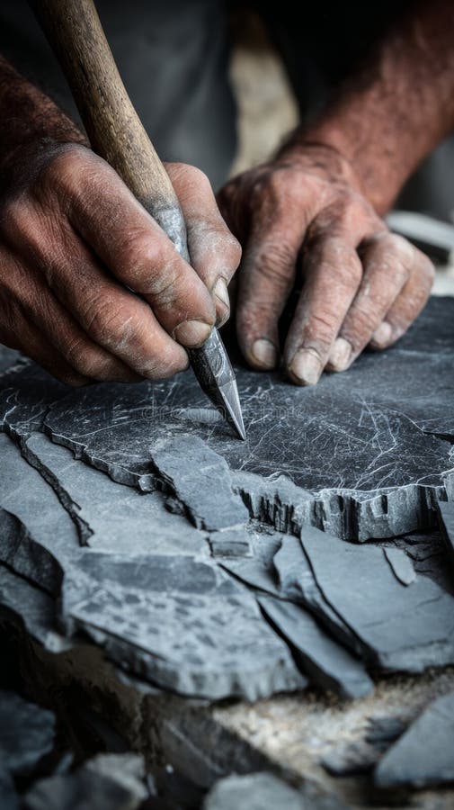 Skilled Hands Carving Slate with Chisel on Rustic Surface Stock Photo ...