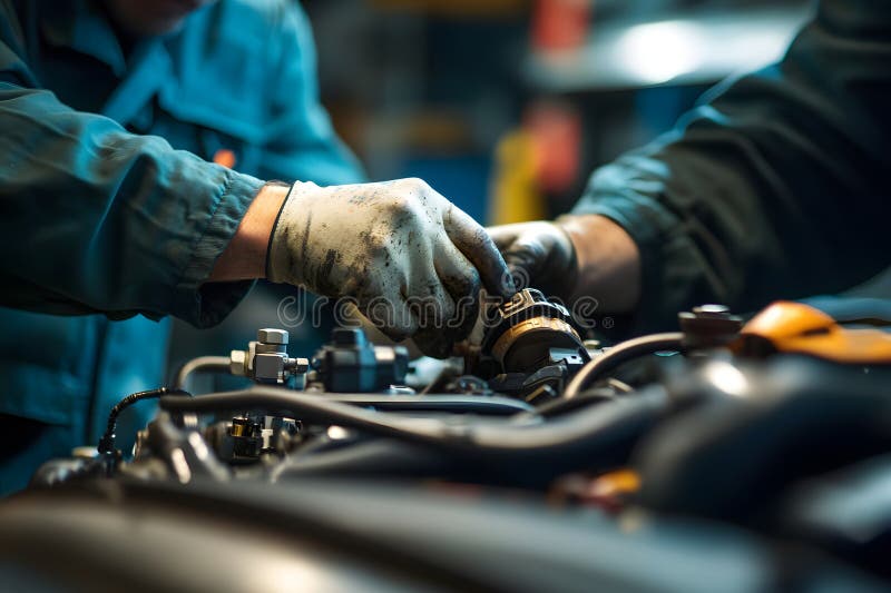 Skilled Hands Diligently Repair an Engine in a Bustling Automotive ...