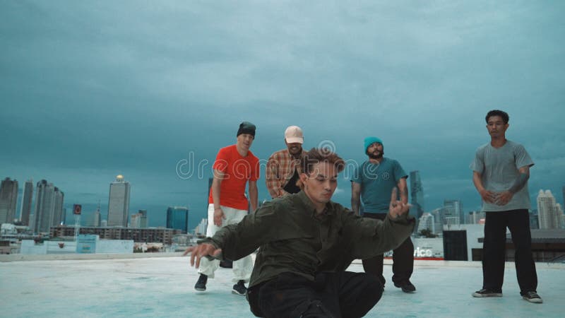 Hipster Perform B-boy Dance Surround by Multicultural Dancer at City ...