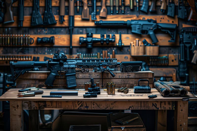 Intense Focus on Pneumatic and Firearms Setup on Rustic Wooden Table in ...