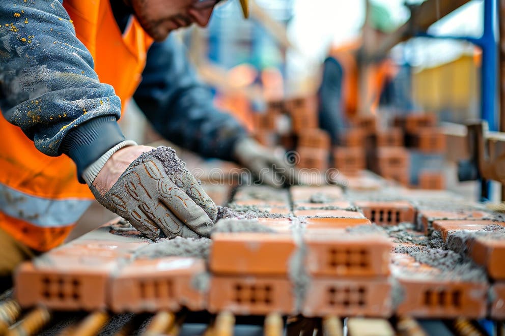 Skilled Industrial Bricklayer Installing Bricks with Precision on ...