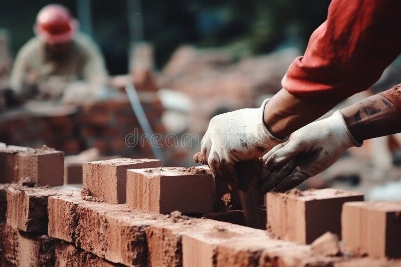 Skilled Male Builder Constructing a Red Brick Wall with Precision Using ...