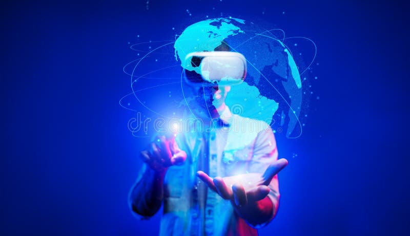 Skilled Man Using VR Goggle To Connect Global Network Connection ...