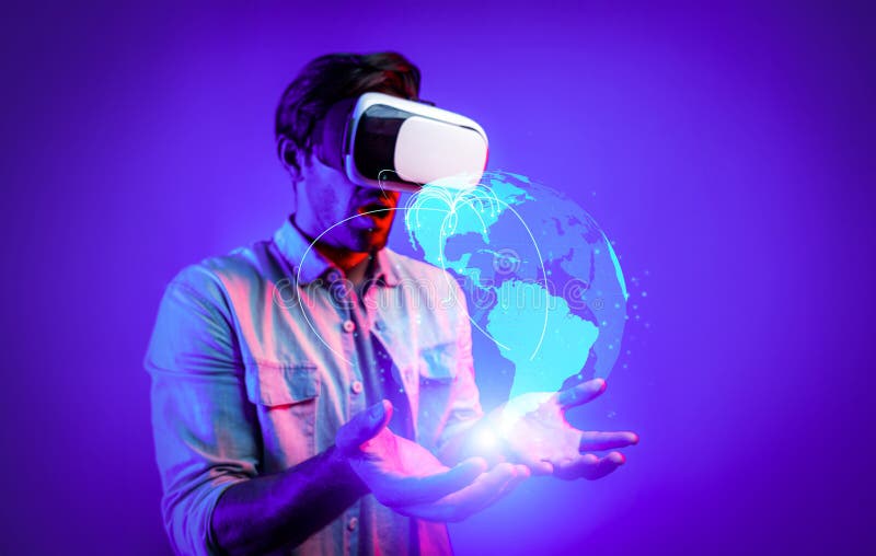 Skilled Man Using VR Goggle To Connect Global Network Connection ...