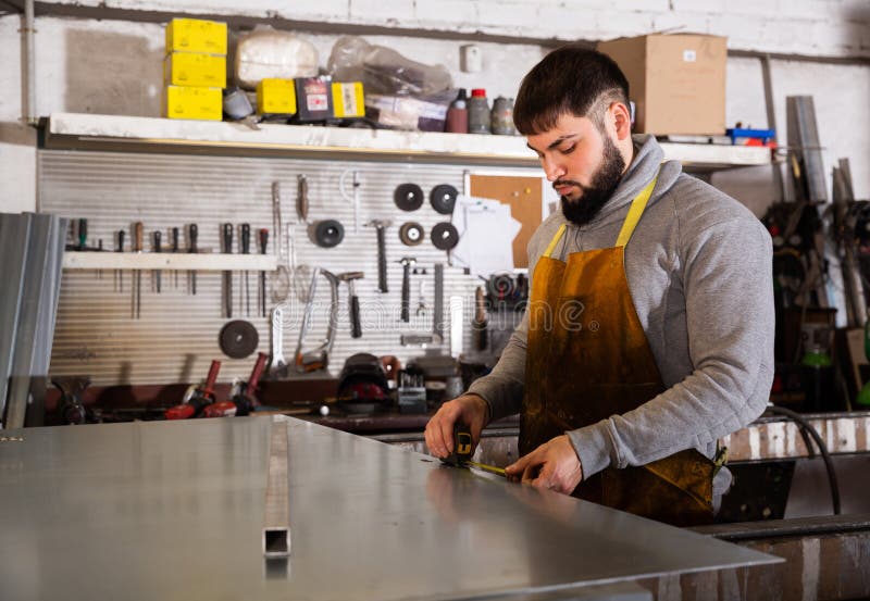 Skilled Man Worker Working with Measuring Tape Stock Image - Image of ...