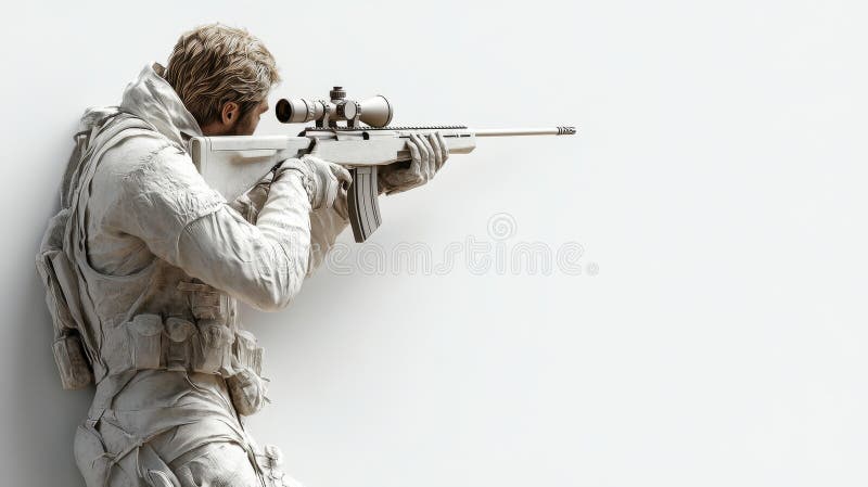 Skilled Marksman in Tactical Gear Aiming a Rifle Against a Neutral ...