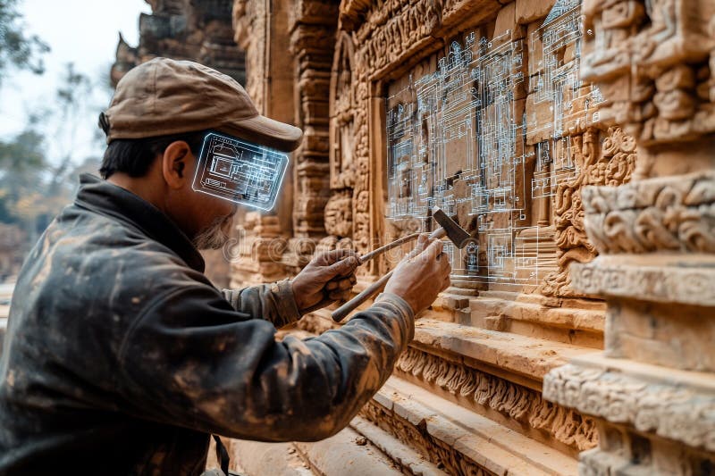 Skilled Mason Restoring Ornate Stone Facade of Ancient Temple Using ...