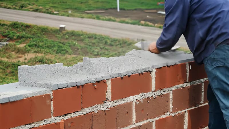 Experienced Masonry Worker Spreading Mortar, Creating Uniform Brick ...