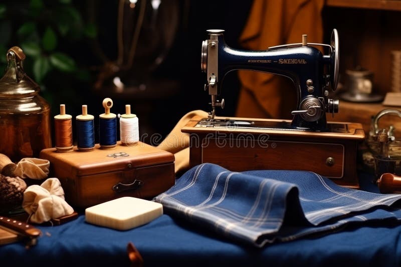 Skilled Master Tailor at Workshop Desk with Sewing Machine, Tools ...