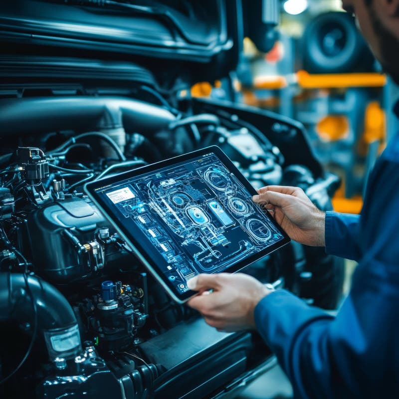 A Skilled Mechanic is Diagnosing a Diesel Engine Using a Tablet while ...