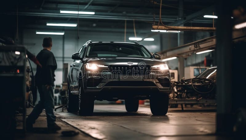 Skilled Mechanic Repairs SUV Engine in Dark Auto Repair Shop Generated ...