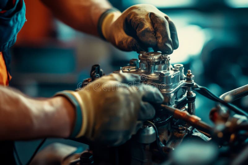 Skilled Mechanic Performing Maintenance on Engine Part in Workshop with ...
