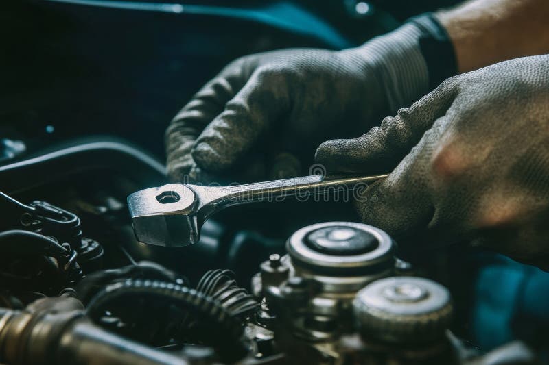 Skilled Mechanic Using Wrench To Repair Car Engine in Garage with Tools ...