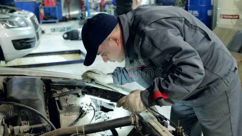 Skilled Mechanic Wearing Protective Gloves, Holding Flashlight and ...