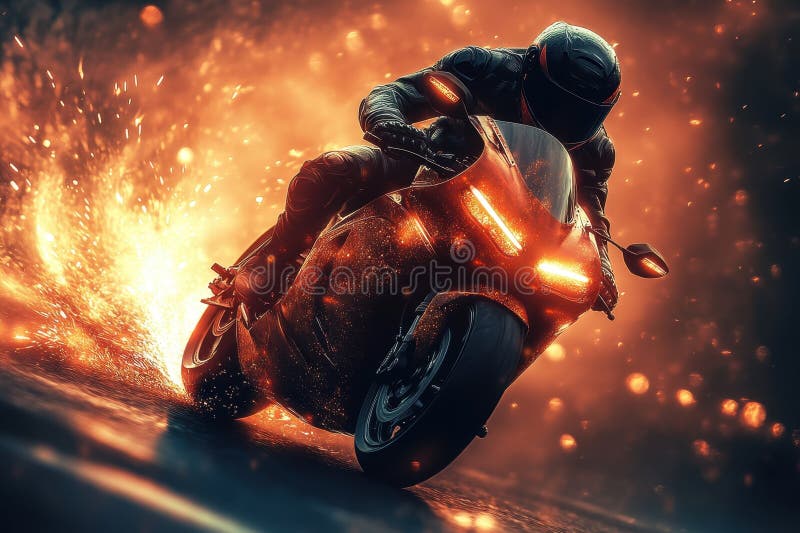 Motorcycle Rider Performing a Dramatic Drift on a Wet Road with Sparks ...