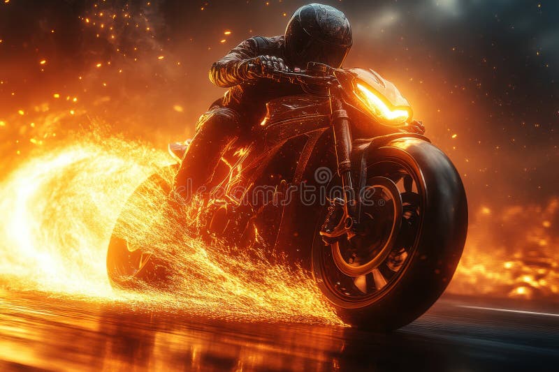 Motorcyclist Speeds through Flames at Night, Showcasing Thrilling Stunt ...